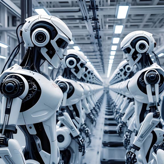 Robotics Factory with Rows of Humanoid Robots. Stock Illustration ...