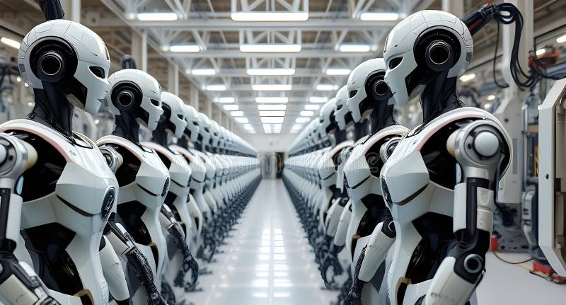 Robotics Factory with Rows of Humanoid Robots. Stock Illustration ...