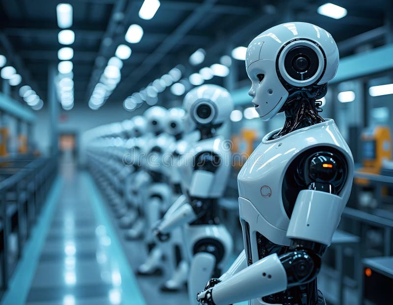 Robotics Factory with Rows of Humanoid Robots. Stock Illustration ...
