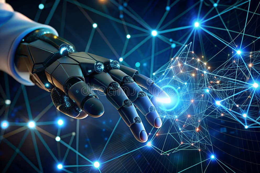 Robotics Hand Touching an AI Icon, Generative Artificial Intelligence. Process Automation and ...