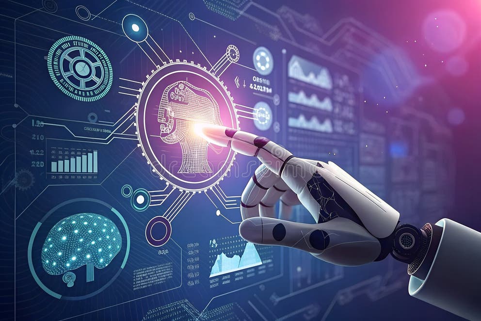 Robotics Hand Touching an AI Icon, Generative Artificial Intelligence. Process Automation and ...