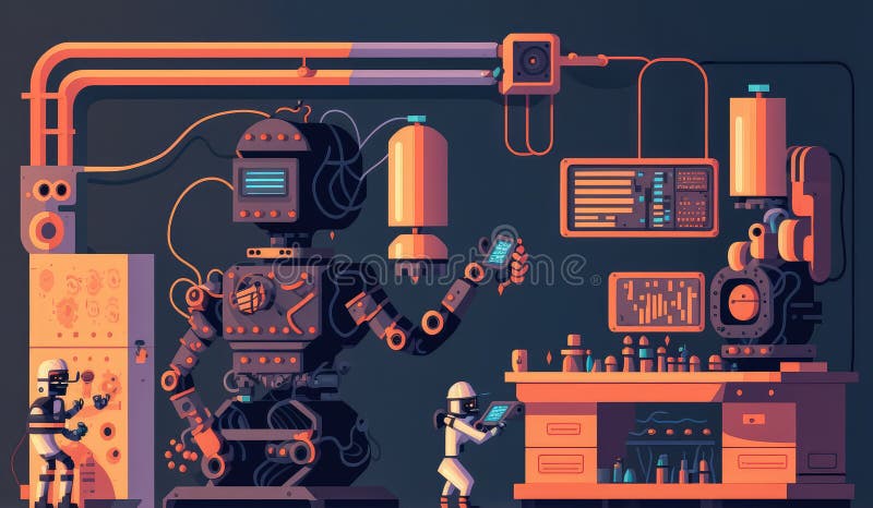 Robotics Lab with Advanced Machines and Robots Being Assembled and Programmed by Engineers Stock ...