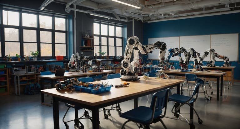 Robotics Lab with Multiple Robotic Arms on Tables in a Classroom Setting with Windows Stock ...