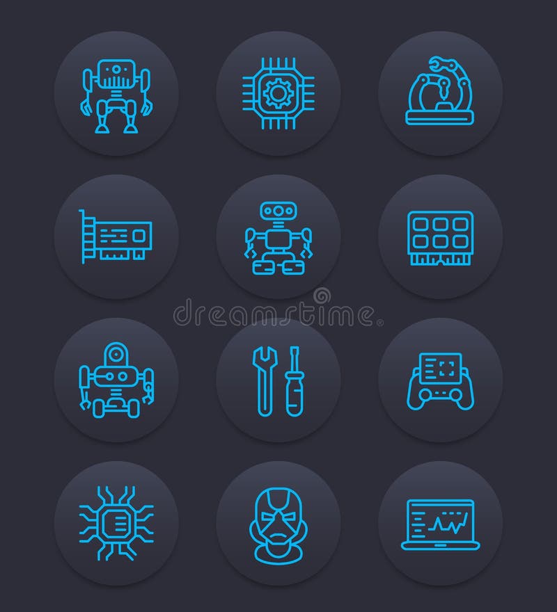 Robotics, Mechanical Engineering, Robots Icons Stock Vector ...