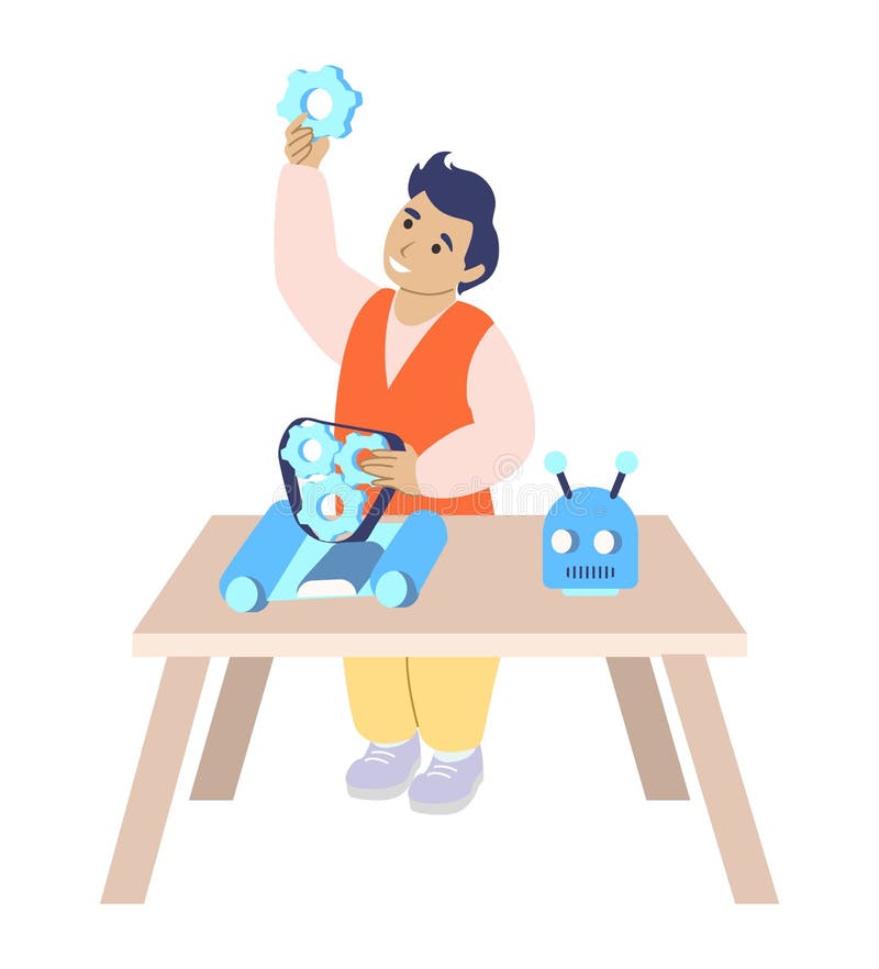 Robotics School for Children. Smart Boy Student Making Robot, Flat ...