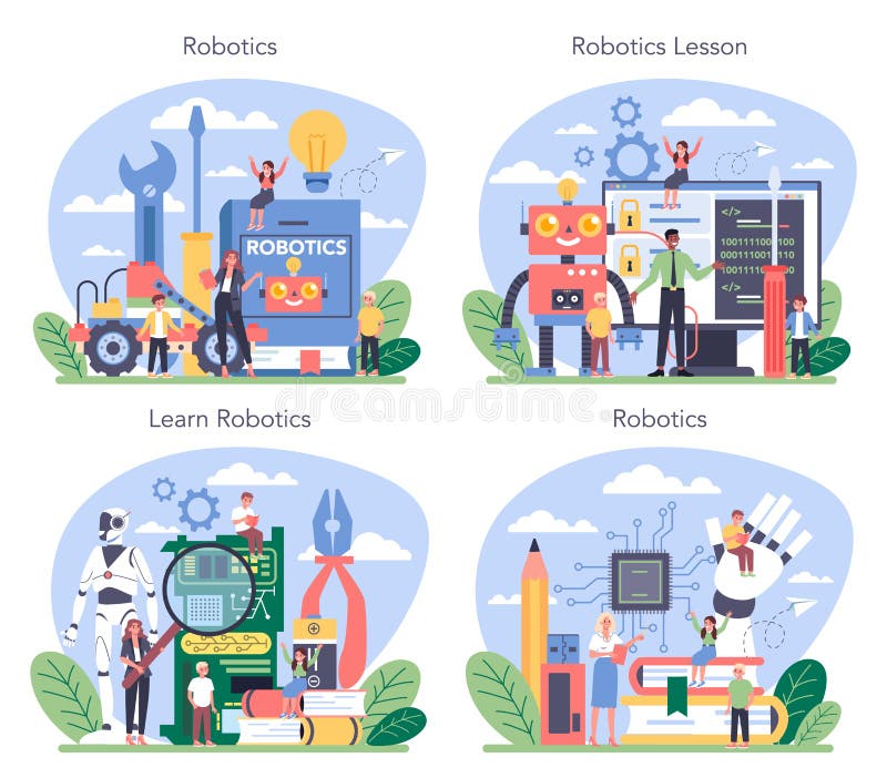 Robotics School Subject Web Banner or Landing Page. Robot Stock Vector ...