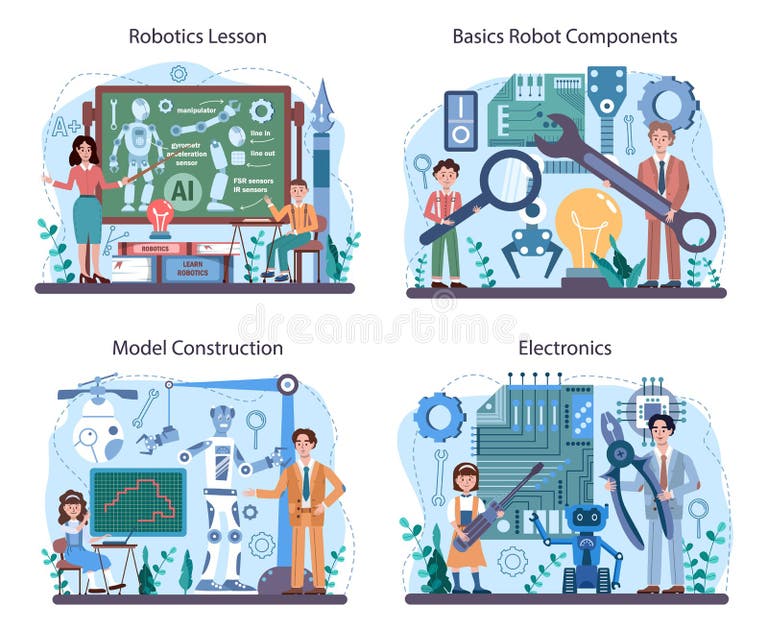 Robotics School Subject Concept Set. Students Learning Robot Components ...