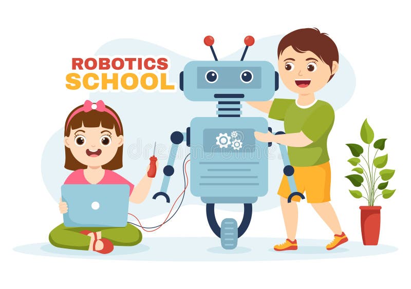 Robotics School Vector Illustration with Youth Robotic Project To ...