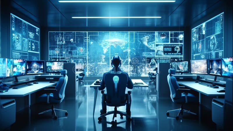 Robotics Using Multiple Computers Working And Monitor Generative Ai Stock Illustration