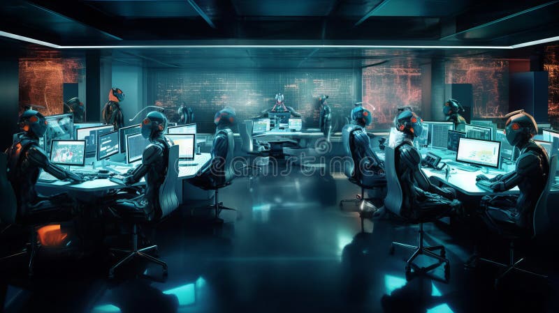 Robotics Using Multiple Computers Working And Monitor Generative Ai Stock Illustration