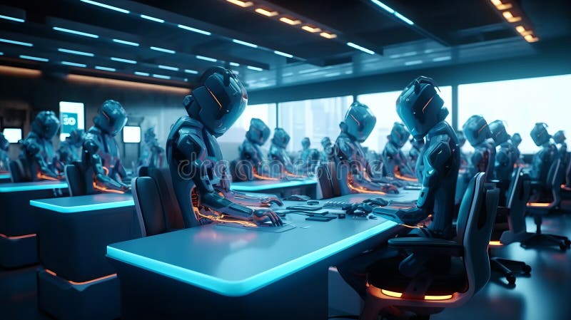 Robotics Using Multiple Computers Working And Monitor Generative Ai Stock Illustration