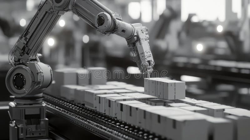Robotic Arm Moving Boxes stock image. Image of belt - 377281043