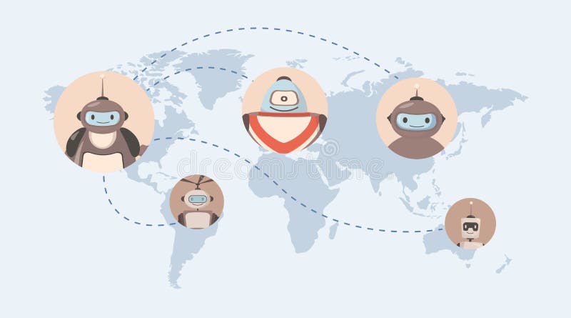 Robots Around the World Vector Flat Illustration. Map with Robot ...