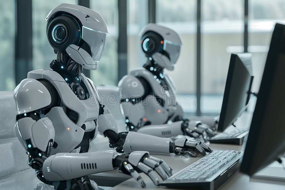 Robots with Artificial Intelligence in the Office at the Computer are ...