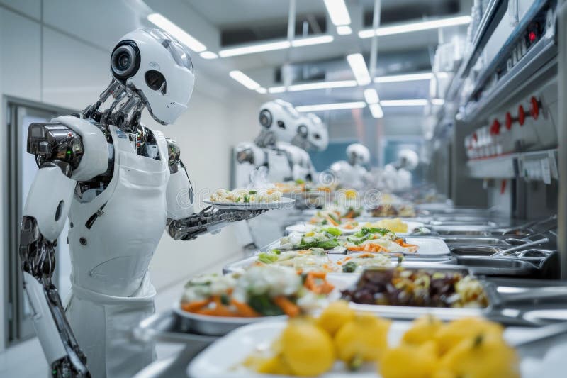 Robots Preparing and Serving Food in a Modern Kitchen during Lunchtime ...