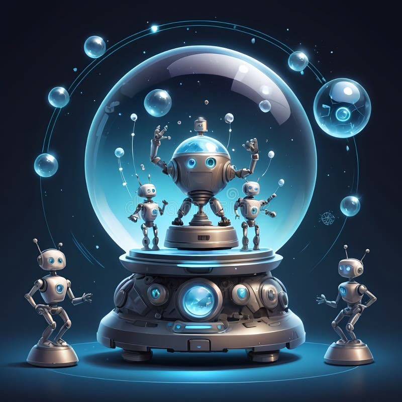 Robots Assembled Under Glass Dome with Floating Spheres Stock ...