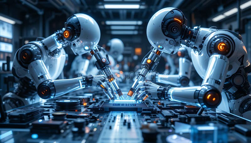 Robots Working on a Circuit Board in a Futuristic Factory Setting with ...