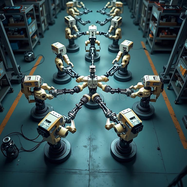 Robots Assembling in Industrial Factory Setting with Assembly Line ...