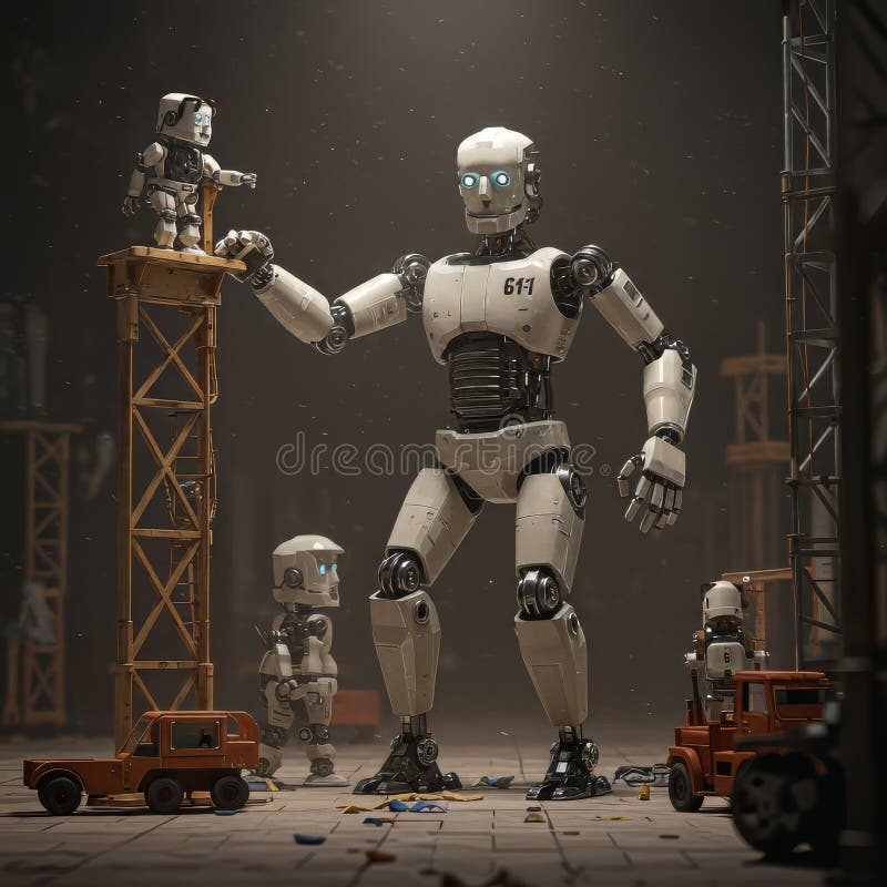 Robots Assembling in Workshop with Toy Trucks and Metal Scaffolding ...