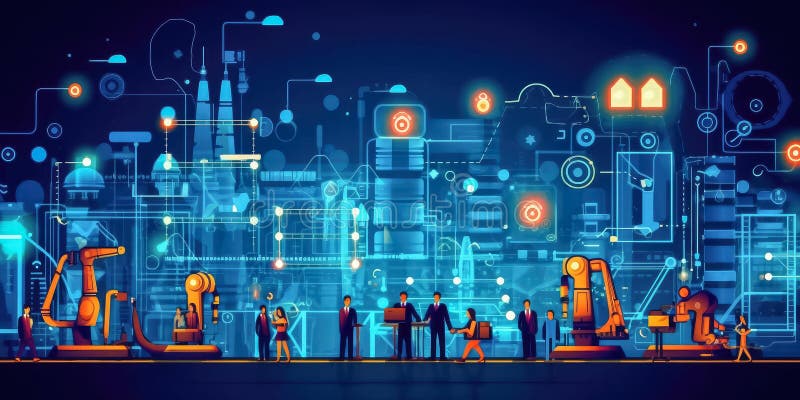 Robots and Assembly Line with Workers , Smart Factory Industry with ...