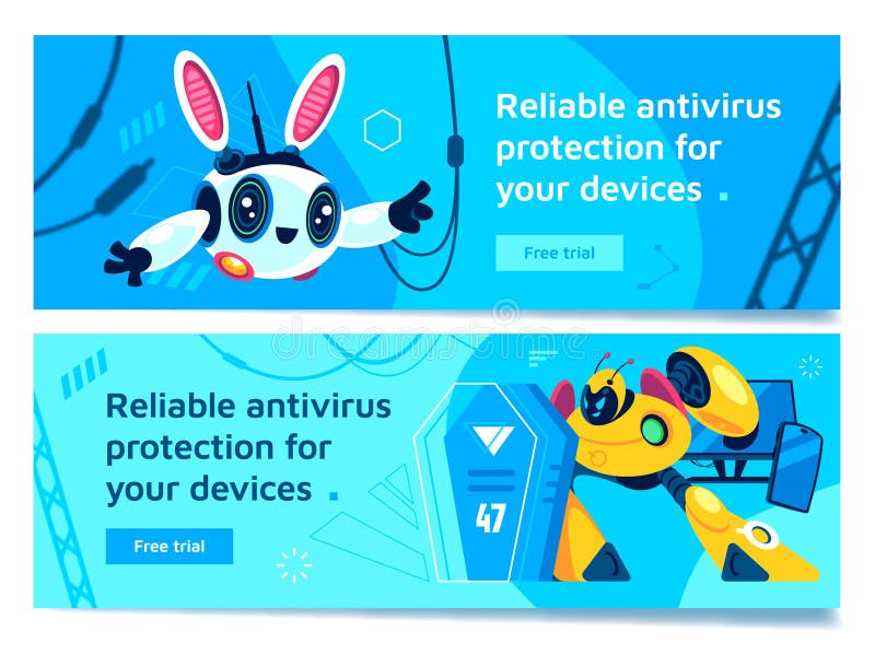 Robots Banners in Flat Cartoon Style Stock Illustration - Illustration ...