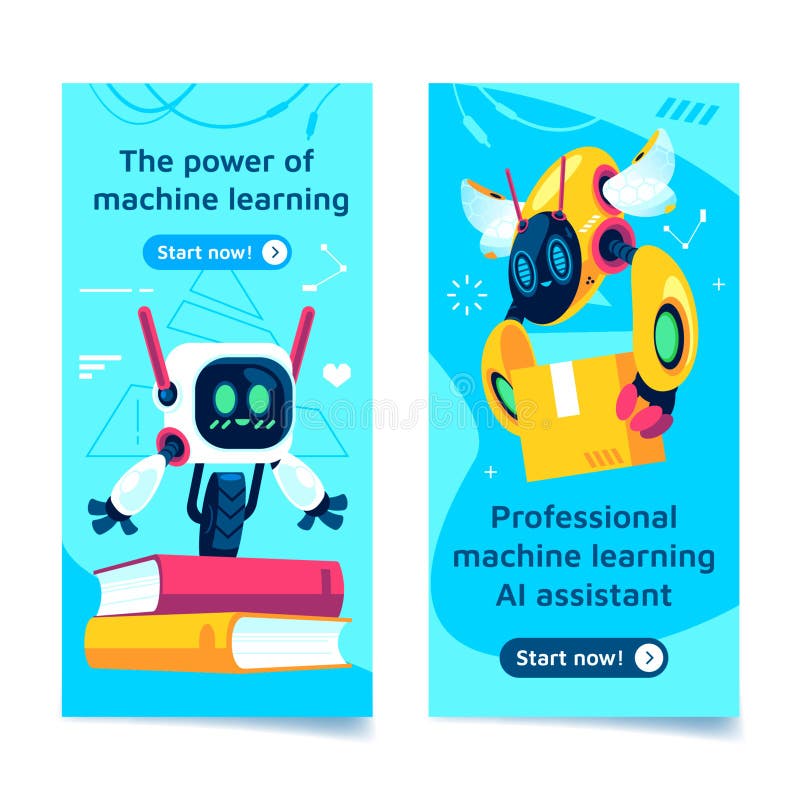 Robots Banners in Flat Cartoon Style Stock Illustration - Illustration ...