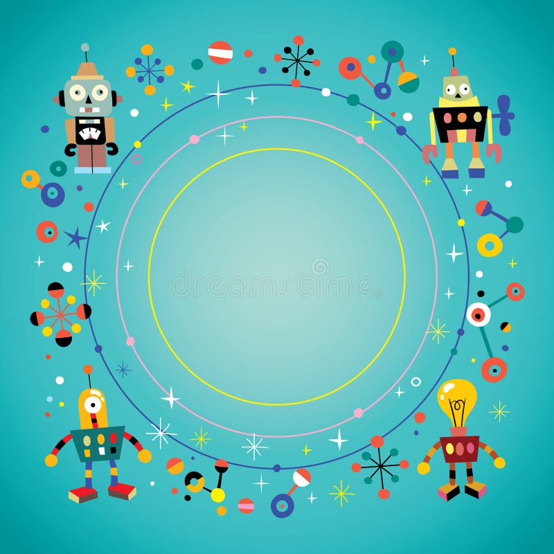 Robots Blank Banner Round Frame Border Stock Vector - Illustration of ...