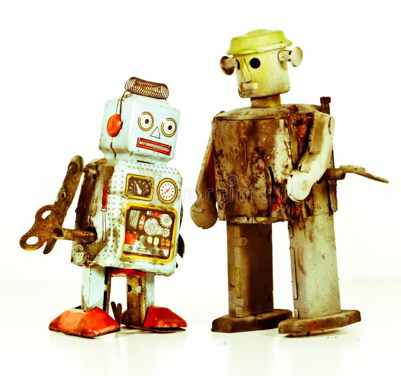 Sad Beat Up Old Retro Robot on a Wooden Floor Stock Image - Image of ...