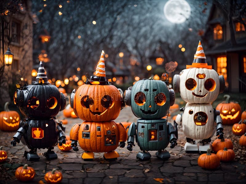 Robots Celebrating Halloween Amongst Pumpkins Stock Illustration ...