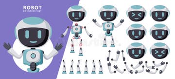Robots Character Creation Kit Vector Set. Robot Editable Characters with Arms and Legs Pose and ...