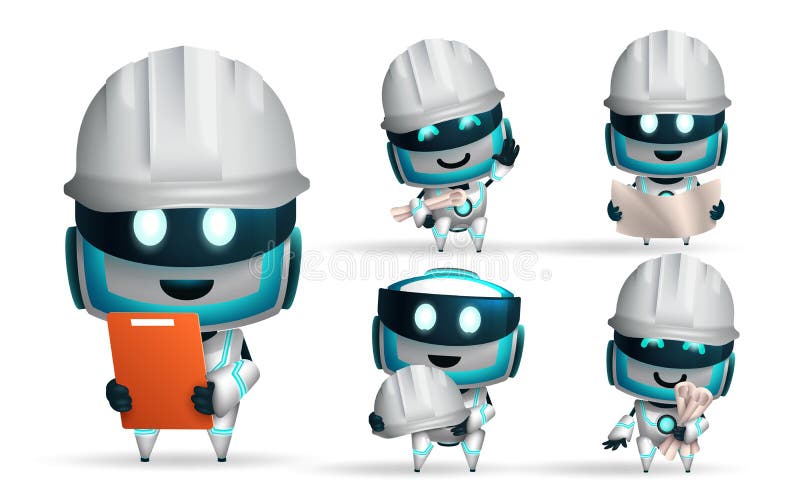 Robots Character Vector Set Design Robot Ai Characters With Hard Hat And Blueprint Layout