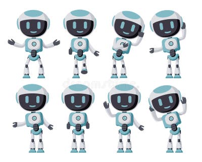 Robots Character Vector Set Design. Robotic Characters with Pose and Gestures of Standing ...