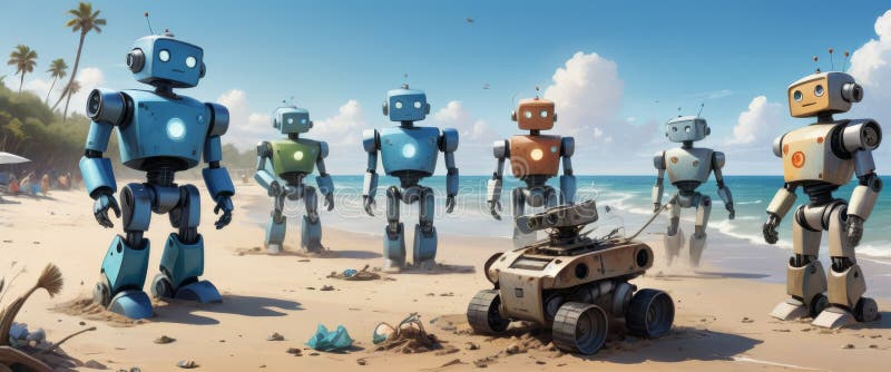 Robots Cleaning Plastic Pollution on Beach Stock Illustration ...