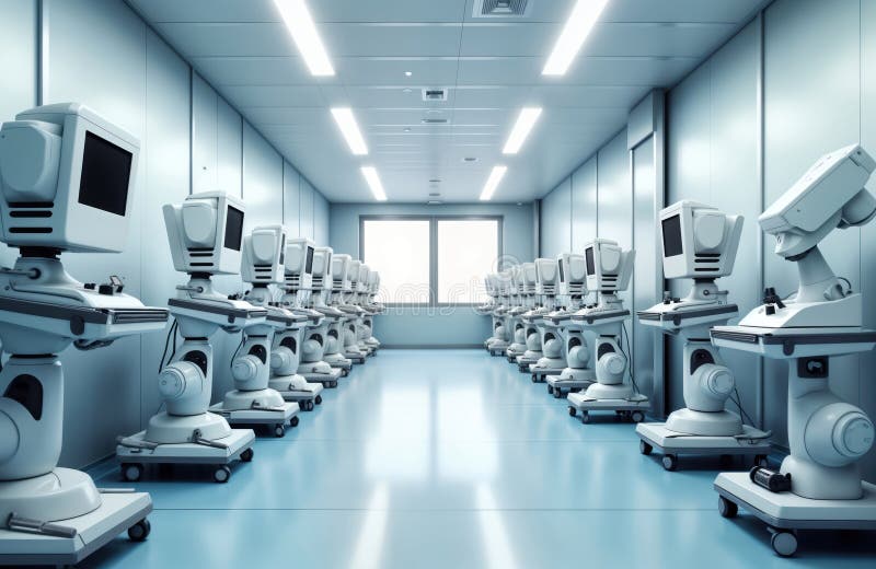 Robots in Cleanroom Perform Delicate Procedures. Team of Robots Working ...