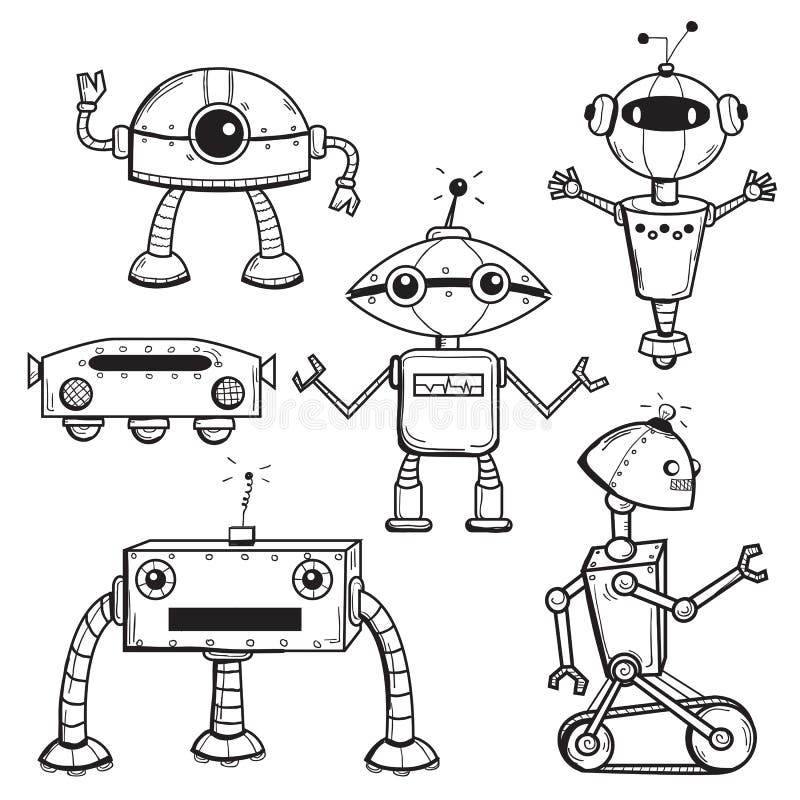 Set of Doodle Robot Icons, Illustrator Line Tools Stock Vector ...