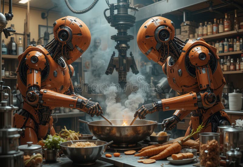 Robots Cooking Together in a Modern Kitchen Setting Stock Illustration ...