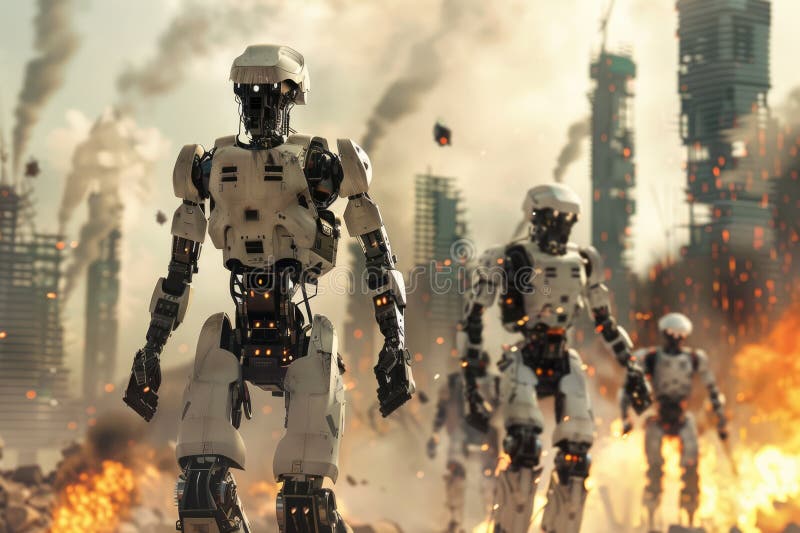 Robots Destroy the City. Ai Androids at World War, Fire and Destruction ...