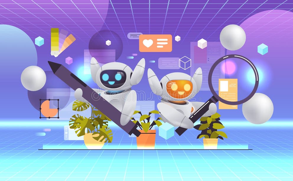 Robots Digital Designers Programmer and Analyst Team Working Together Robotic Developers ...