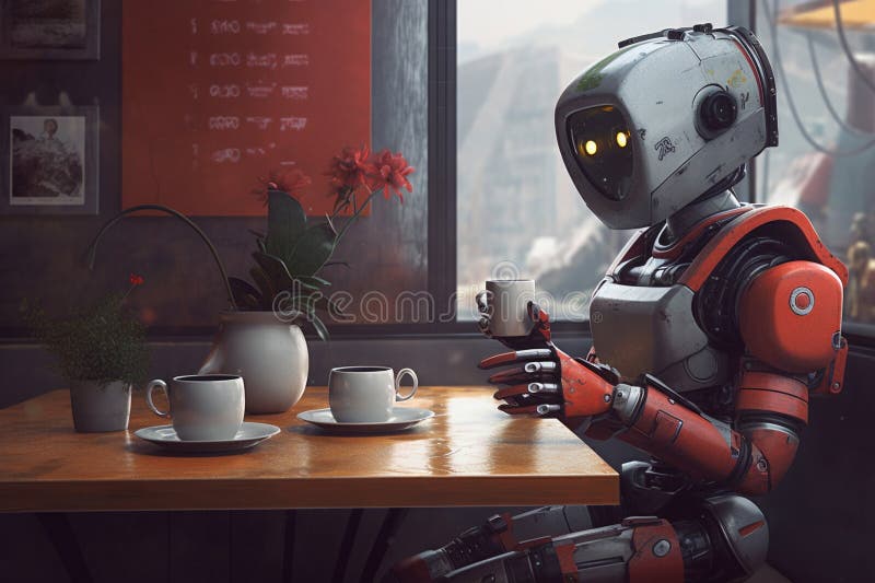 Robots Drink Coffee in a Cafe Stock Illustration - Illustration of ...