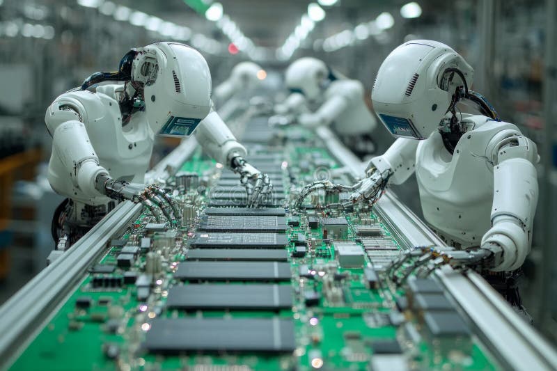 Robots Efficiently Assembling Circuit Boards In A High Tech Factory