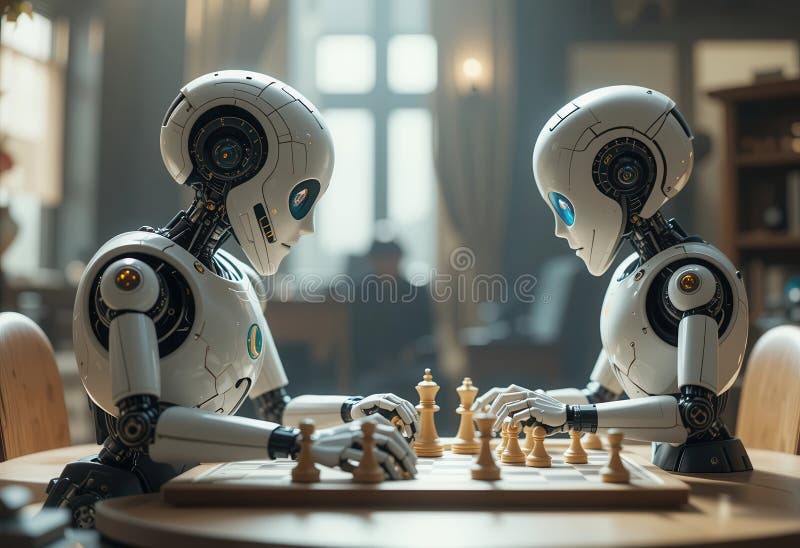 Robots Engage in Intense Chess Match in Futuristic Setting Stock ...