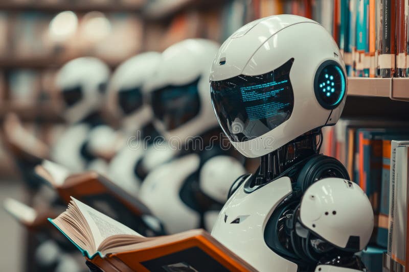 Robots Engaged in Reading Books in a Library Setting. Futuristic Design ...