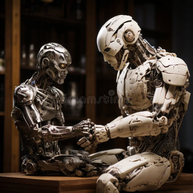 Robots Engaging in a Thoughtful Conversation at a Wooden Table Stock ...