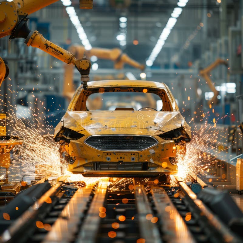 Industrial Robots Assembling a Car in a Modern Manufacturing Facility ...