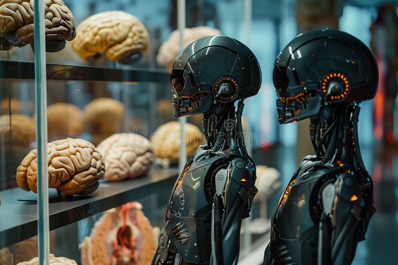 Robots Examine the Human Brain in a Display Case Stock Image - Image of ...