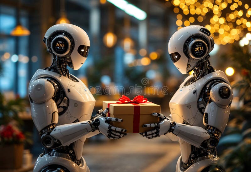 Robots Exchanging a Gift in a Festive Setting with Warm Lighting and ...