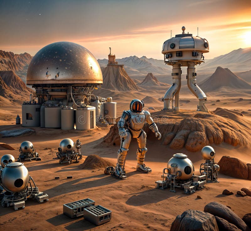Robots Explore the Planet Mars Stock Illustration - Illustration of ...