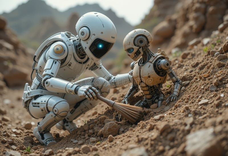 Robots Exploring a Desolate Landscape while Digging in the Dirt Stock ...