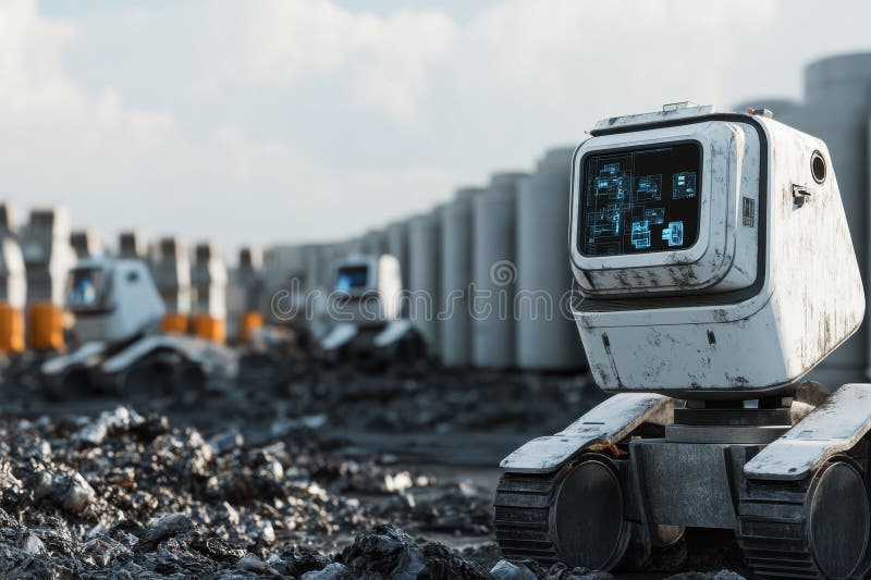 Robots Exploring a Futuristic Industrial Site Surrounded by Debris and ...