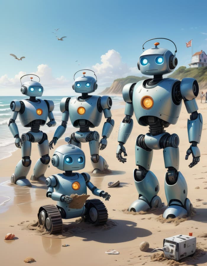 Robots Exploring Sandy Beach Stock Photo - Image of shiny, vacation ...